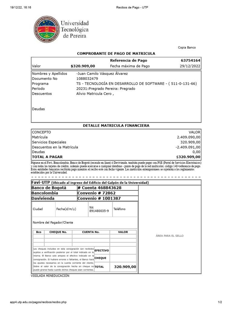 Recibos de Pago - UTP | PDF