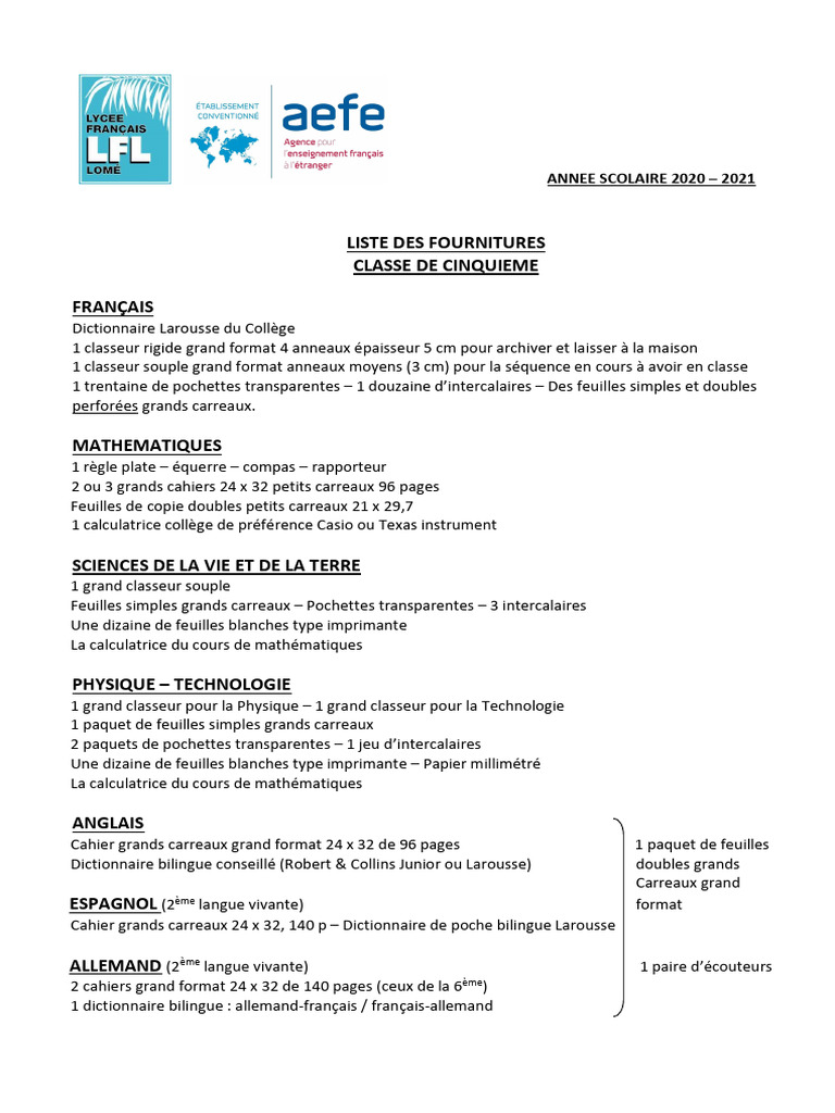 liste-fournitures-5e-20-21 | PDF