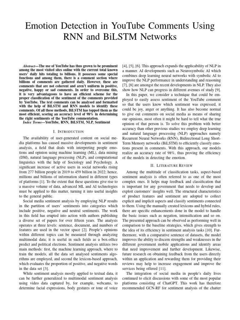 Emotion Detection in YouTube Comments Using RNN and BiLSTM Networks | PDF