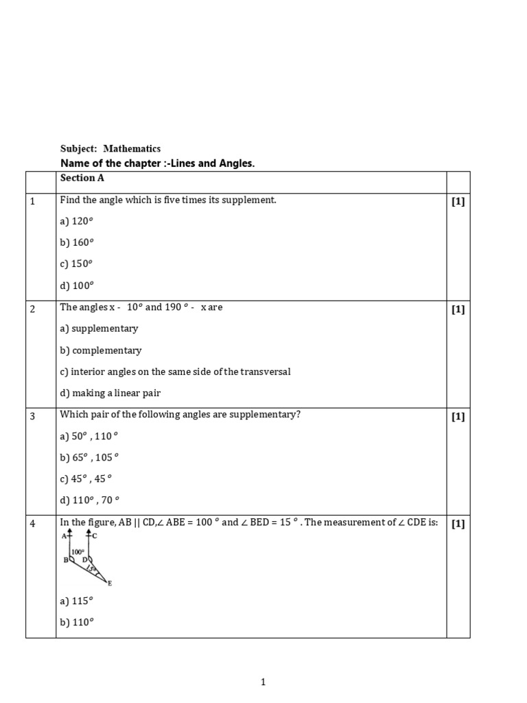 Class 7 Maths Worksheet - Lines and Angles | PDF