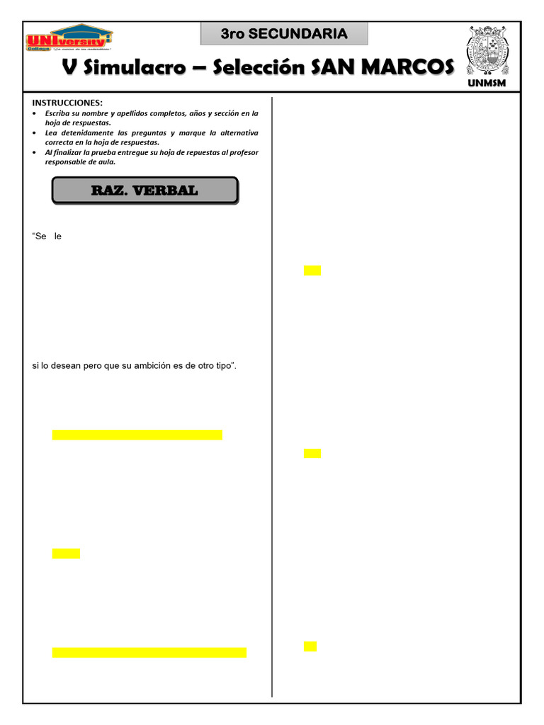 Simulacro 3ro Secundaria - San Marcos - Con Claves | PDF