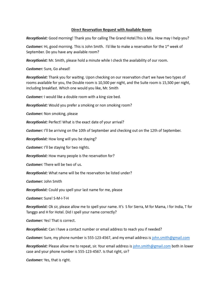 Hotel Reservation Conversation | PDF