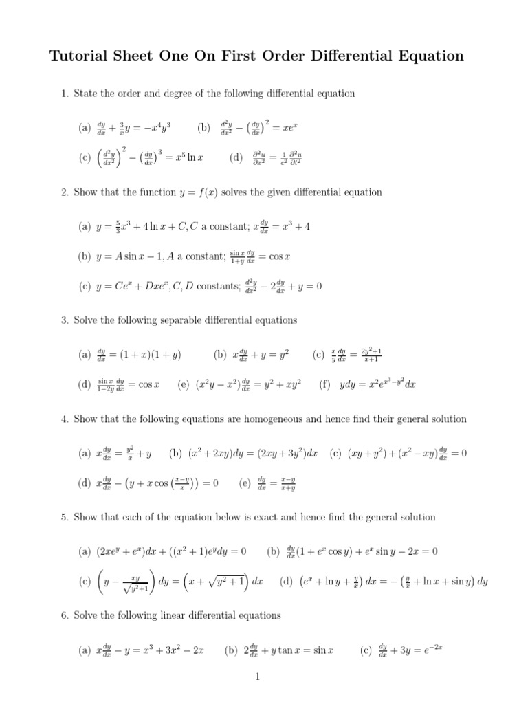 ODE Tutorial Sheet One | PDF