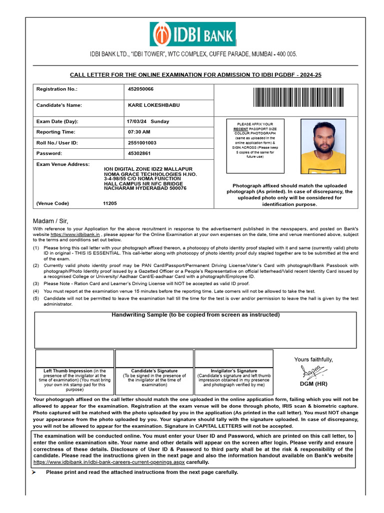Idbi PGDBF Admit Card 2024 | PDF | Identity Document | Driver's License