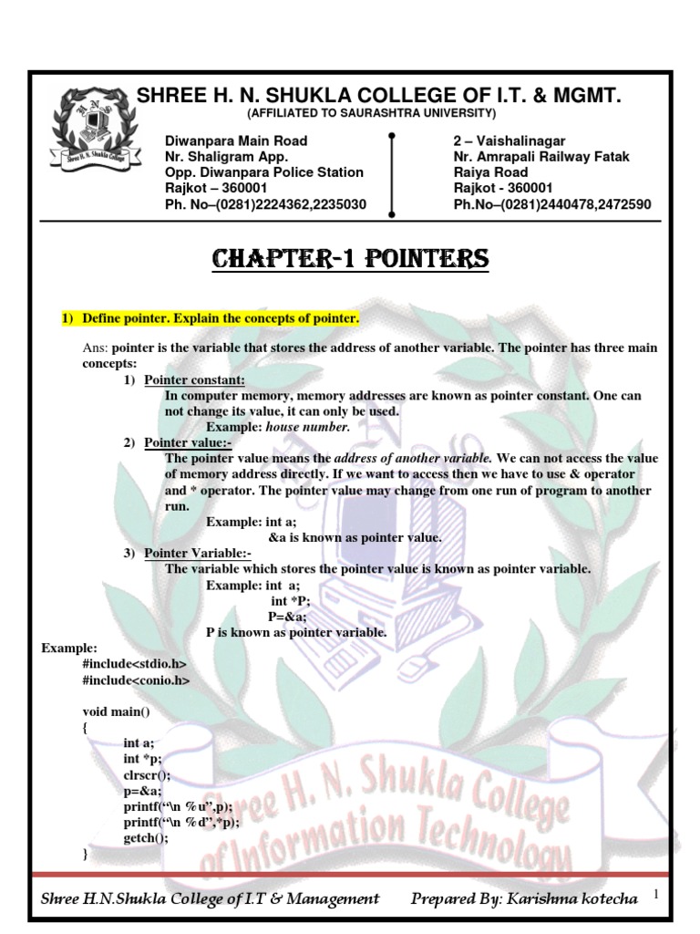 Chapter - 1 Pointers 1 Pointers 1 Pointers 1 Pointers: Shree H. N ... Chapter - 1 Pointers 1 Pointers 1 Pointers 1 Pointers: Shree H. N ...