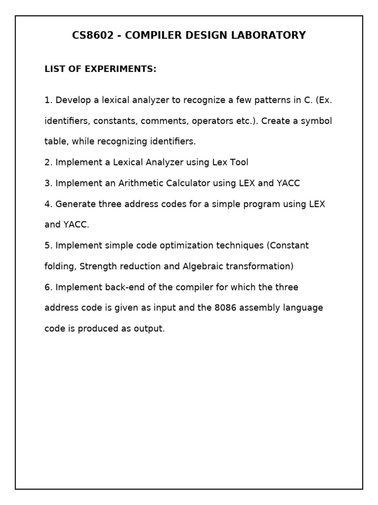 Compiler Design Lab Manual | PDF