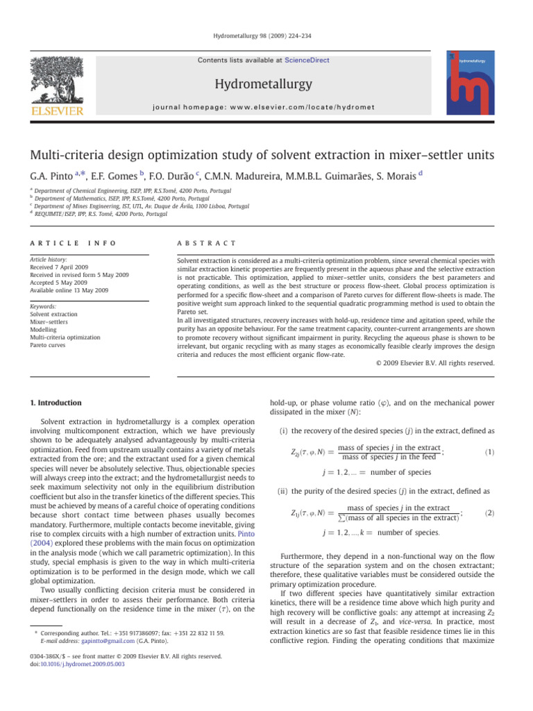 Multi-Criteria Design Optimisation Study of SX in Mixer-Settler Units (Pinto Et Al, 2009) | PDF
