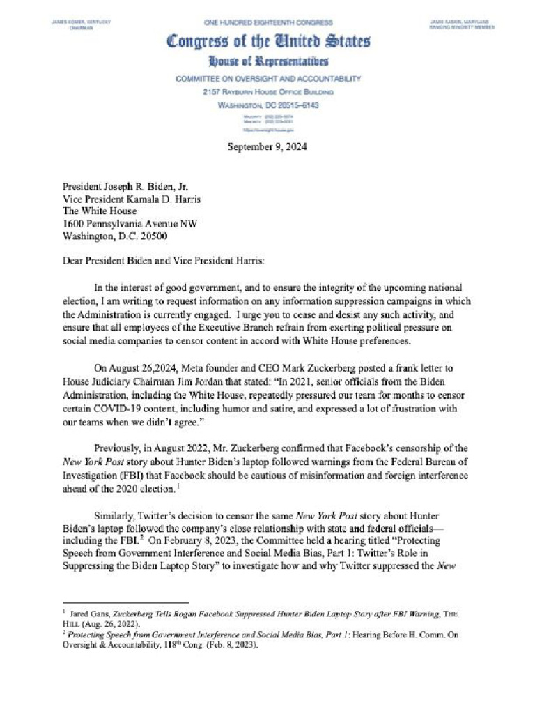 Nancy Mace to White House Re Censorship | PDF
