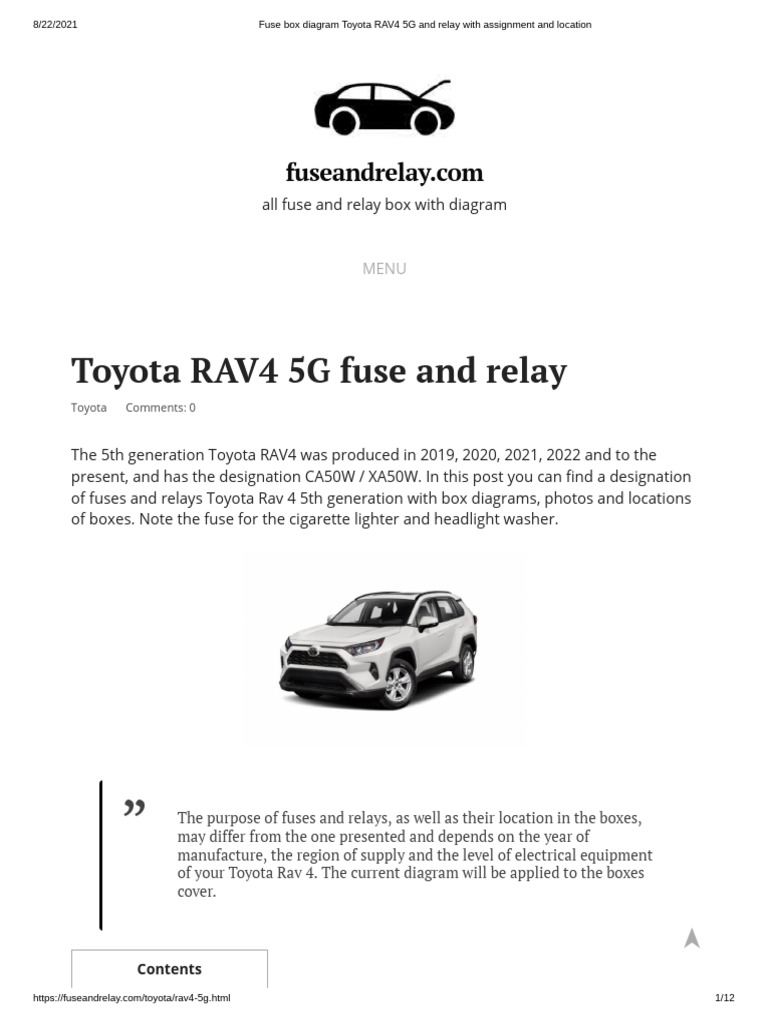 Fuse Box Diagram Toyota RAV4 5G and Relay With Assignment and Location | PDF