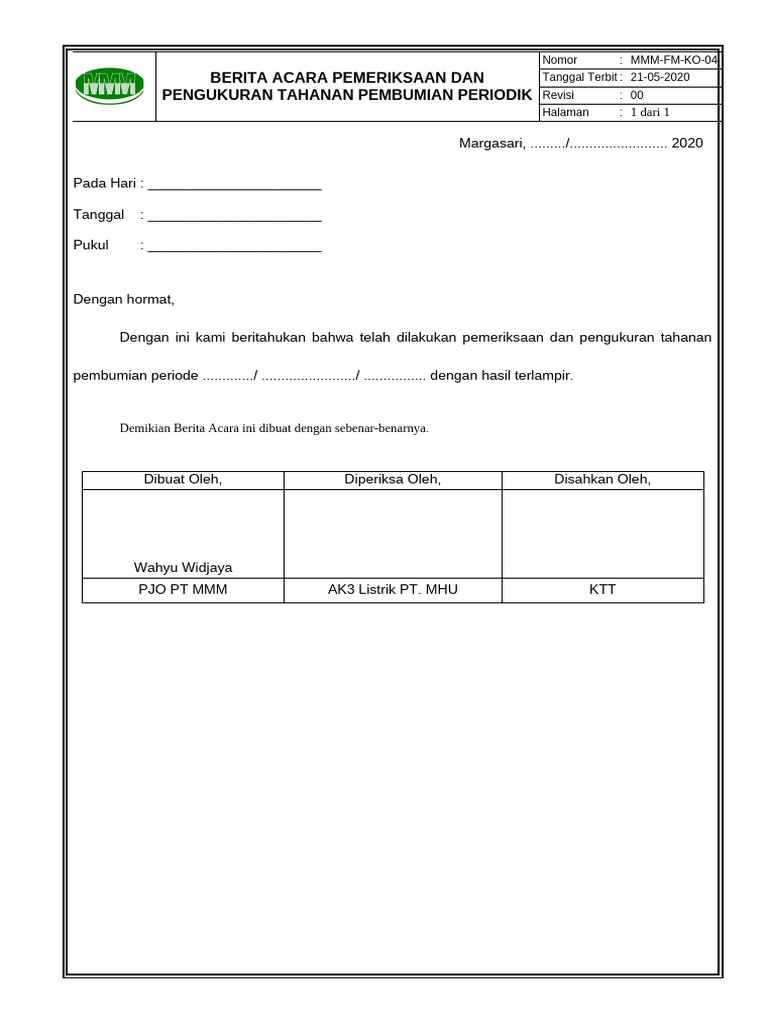 MMM-FM-KO-04 - 01 (Form Berita Acara Pemeriksaan Dan Pengukuran Tahanan ...