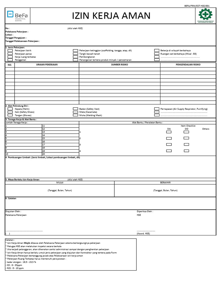 01 Form Izin Kerja Aman Rev. 00 | PDF