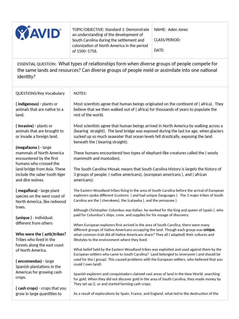 SC AVID Cornell Cloze Notes - Standard 1 Native Americans, Europeans ...