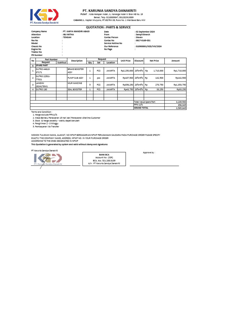 Quotation PT KSD 2 September No 001 - Kma Tengah | PDF