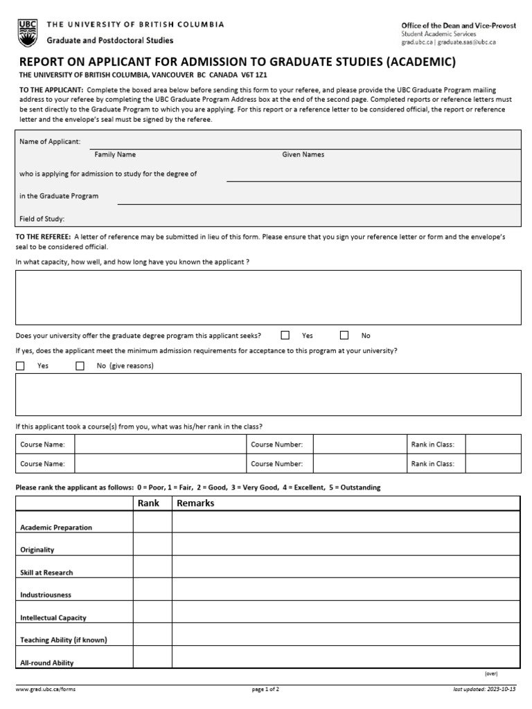 UBC Graduate Reference Letter Template | PDF | Master Of Business ...