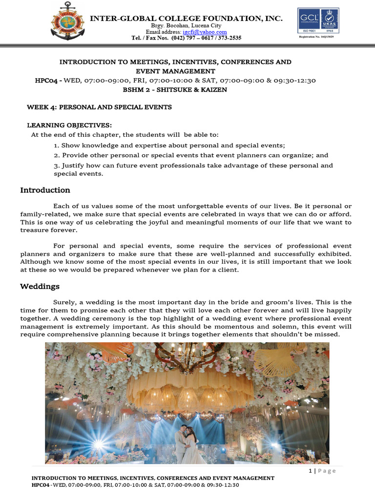 Week 4 Personal and Special Events | PDF