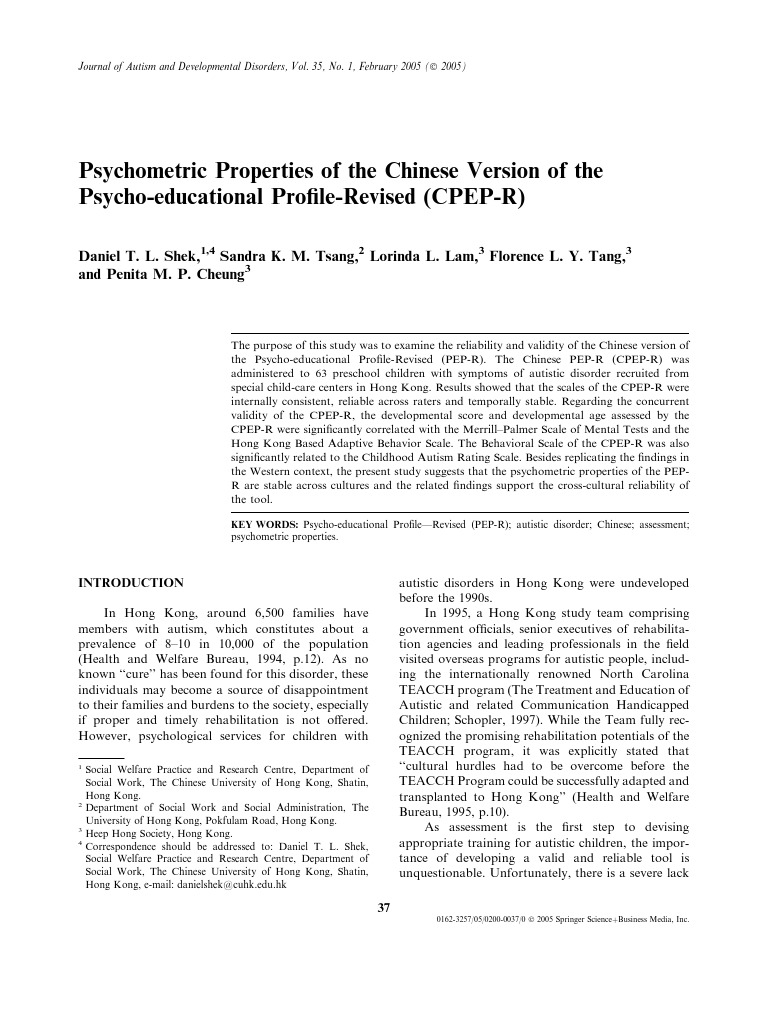 Psychometric Properties of The Chinese Version of The Psycho-Educational Profile-Revised (CPEP-R ...