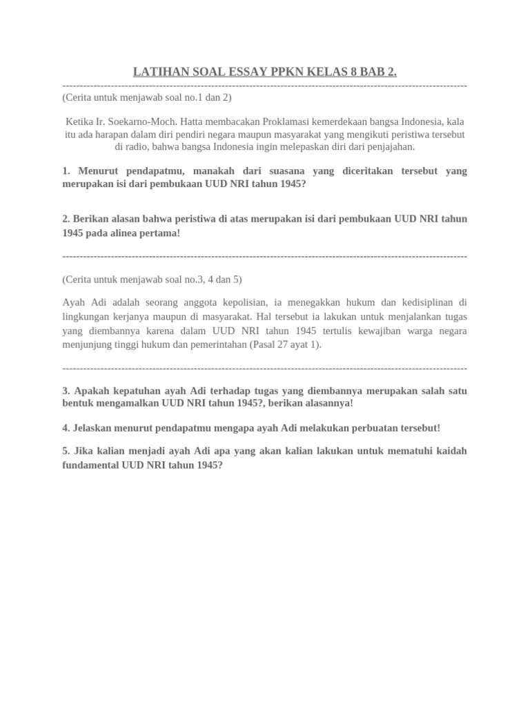 Latihan Soal Essay PPKN Kelas 8 Bab 2 | PDF