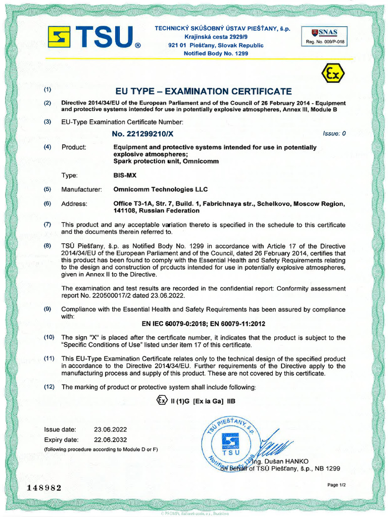 Spark Protection Unit, Omnicomm BIS-MX. Certificate of Conformity To ...