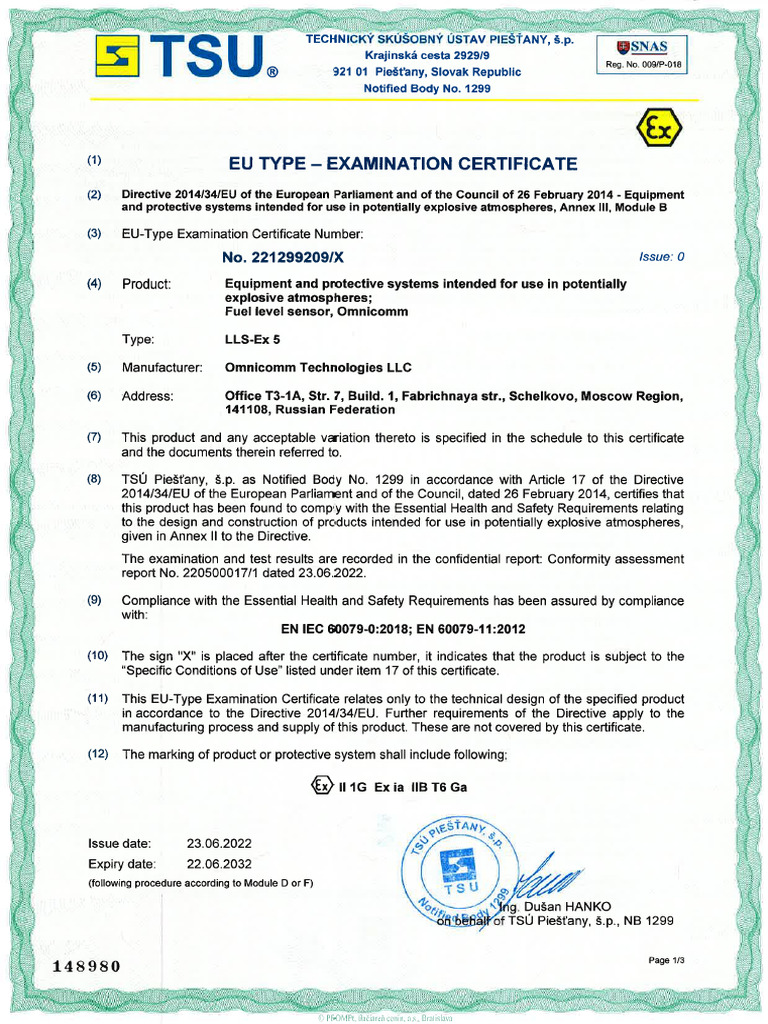 Fuel Level Sensor Omnicomm LLS-Ex 5. Certificate of Conformity With ...