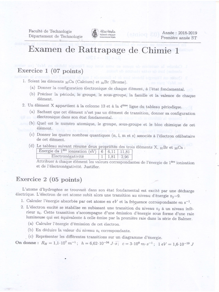 Sujet Et Corrigé Ex Rattrapage Chimie 1 | PDF