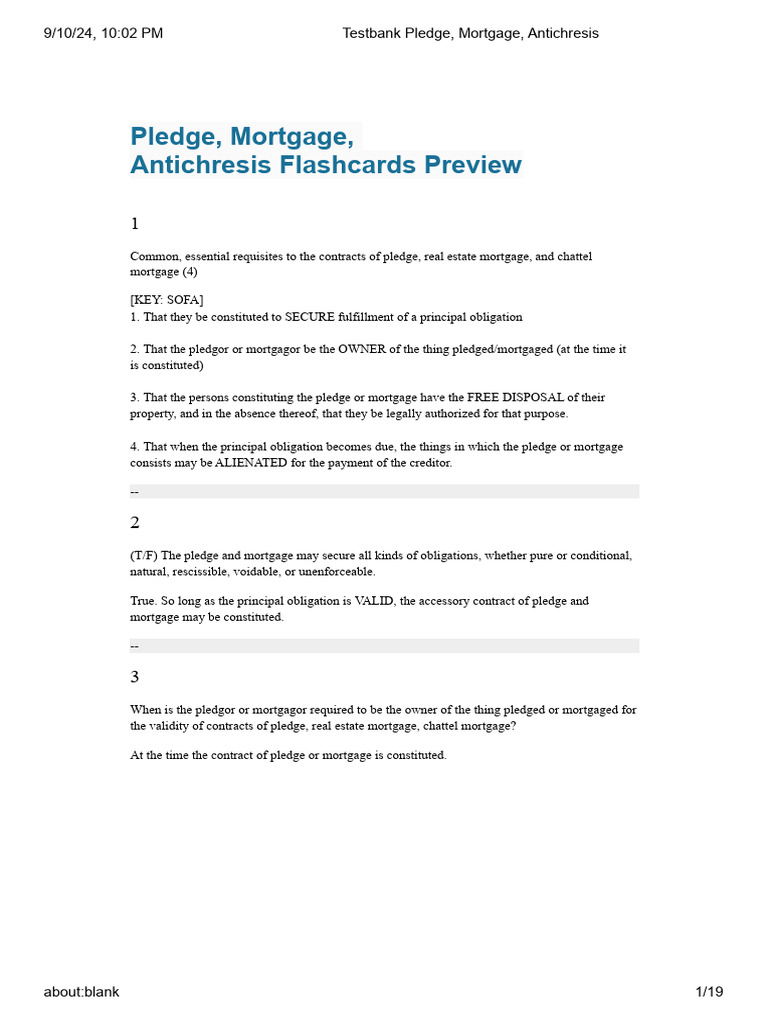 Testbank Pledge Mortgage Antichresis | PDF