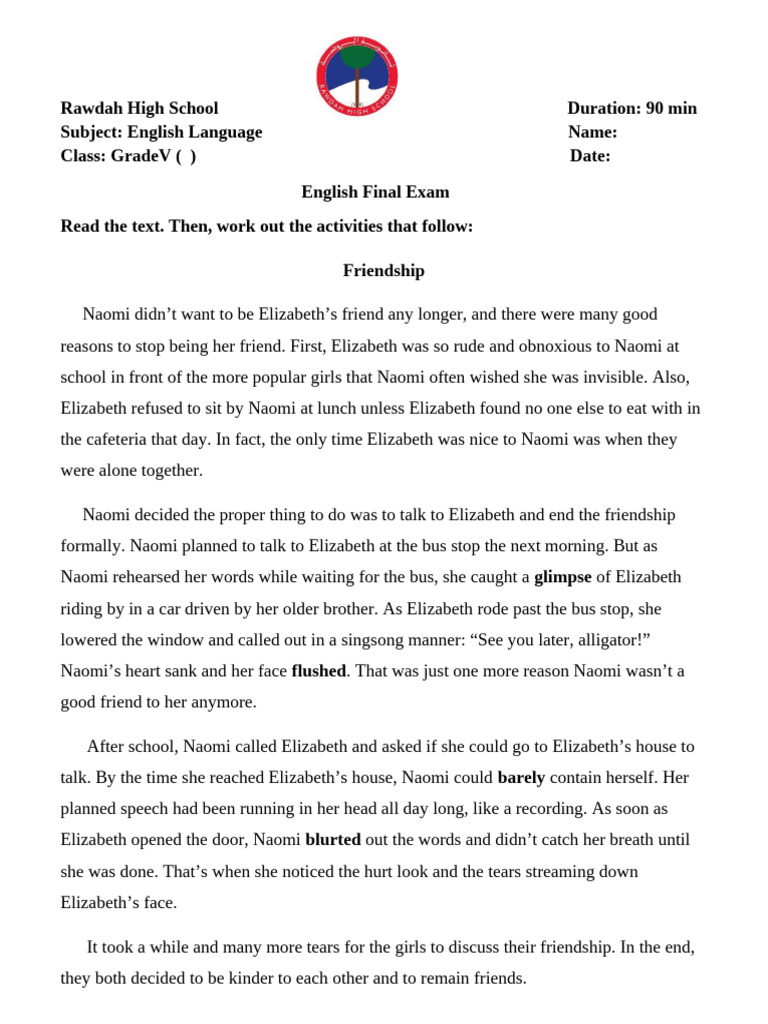 Final Exam Grade 5 2014-2015 | PDF