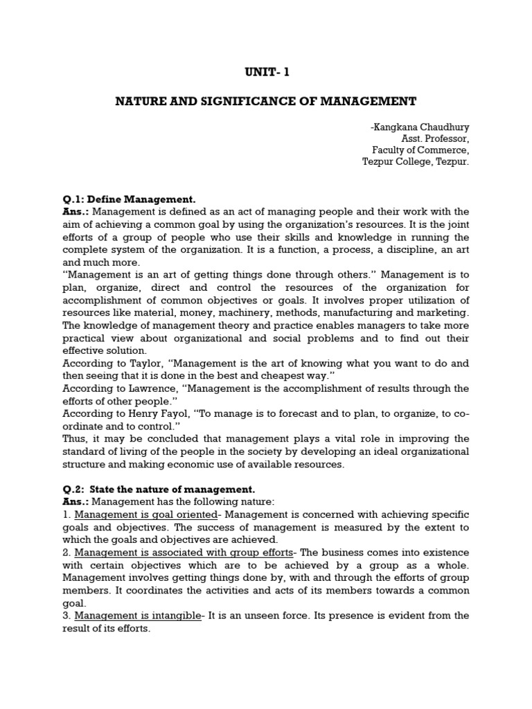 Unit-1 Nature and Significance of Management: Q.1: Define Management ...