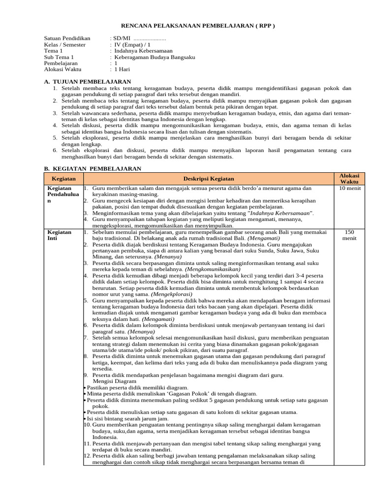 RPP Format Terbaru Kelas 4 Tema 1 ST 1 | PDF