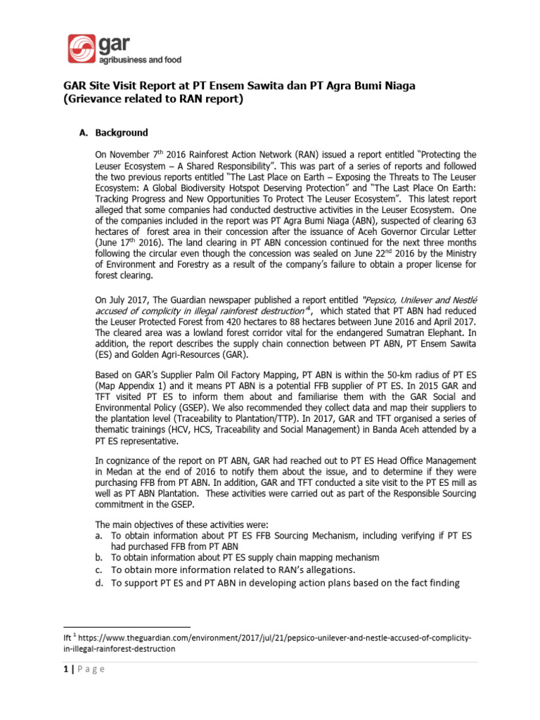 qKT2Lpt Ensem Sawita Dan PT Agra Bumi Niaga Field Visit Report 220917 | PDF