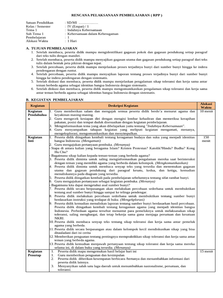 RPP Format Terbaru Kelas 4 Tema 1 ST 2 | PDF