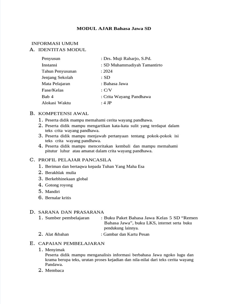 PDF Modul Ajar Bahasa Jawa Kelas V | PDF