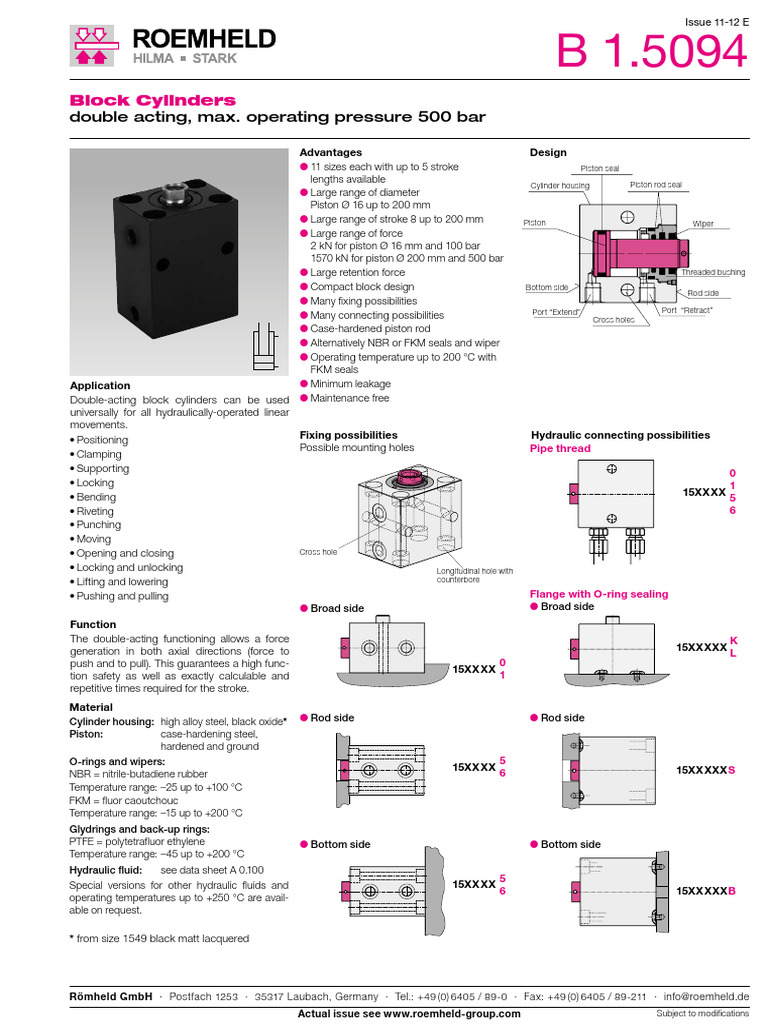 Double Acting, Max. Operating Pressure 500 Bar: Block Cylinders | PDF