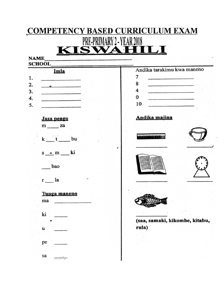 Kiswahili Activities Pp2 End Term 3 Exam 2018 | PDF