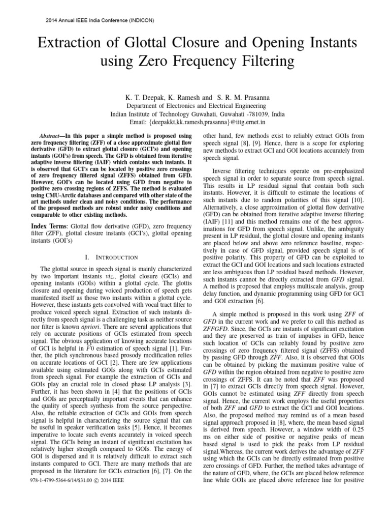 Extraction of Glottal Closure and Opening Instants Using Zero Frequency Filtering | PDF