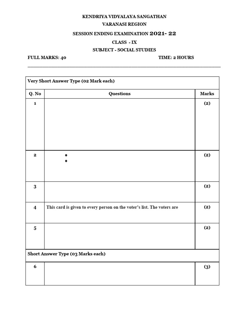 Marking Scheme SST Class Ix KV NTPC Shaktinagar | PDF