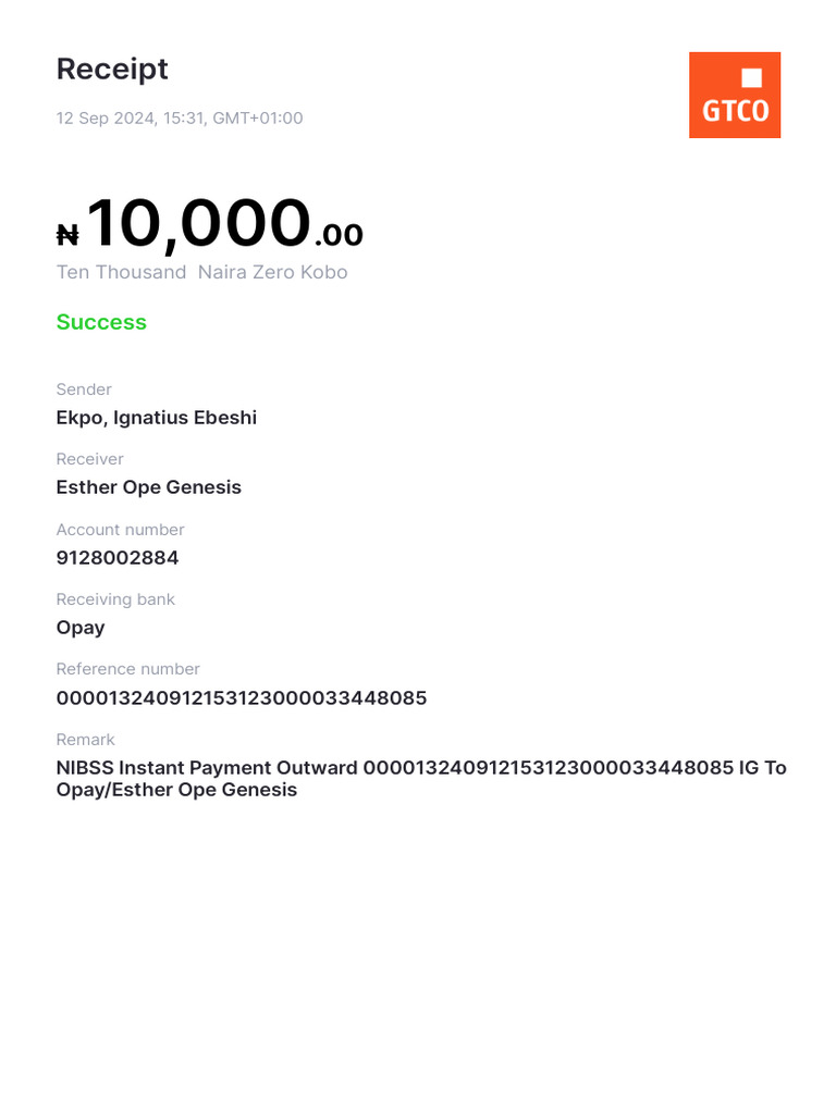 ₦10,000 Transfer Receipt Details | PDF