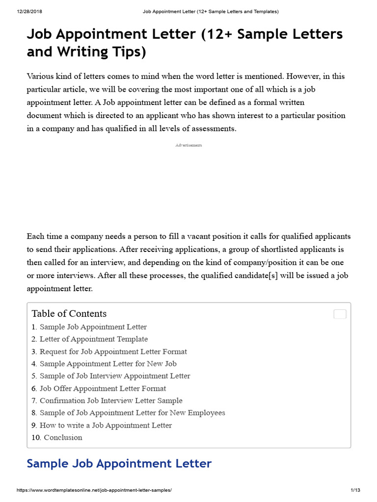 Job Appointment Letter (12+ Sample Letters and Templates) | PDF