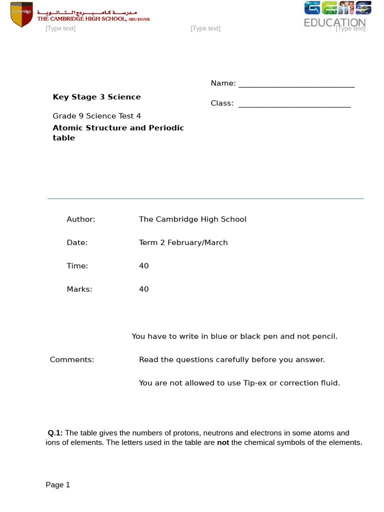Y9 Science Test 4atom Periodic | PDF
