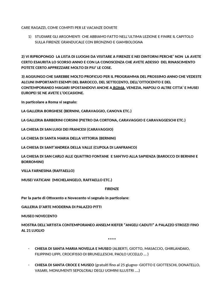 Compiti Per Le Vacanze e Luoghi Da Visitare 4el 2023-24 | PDF