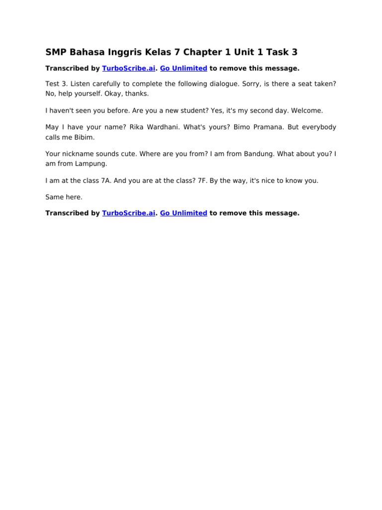 SMP Bahasa Inggris Kelas 7 Chapter 1 Unit 1 Task 3 | PDF