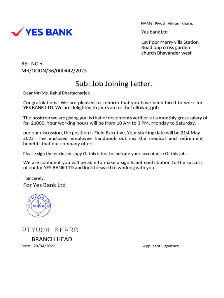 Joining Letter of Yes Bank | PDF