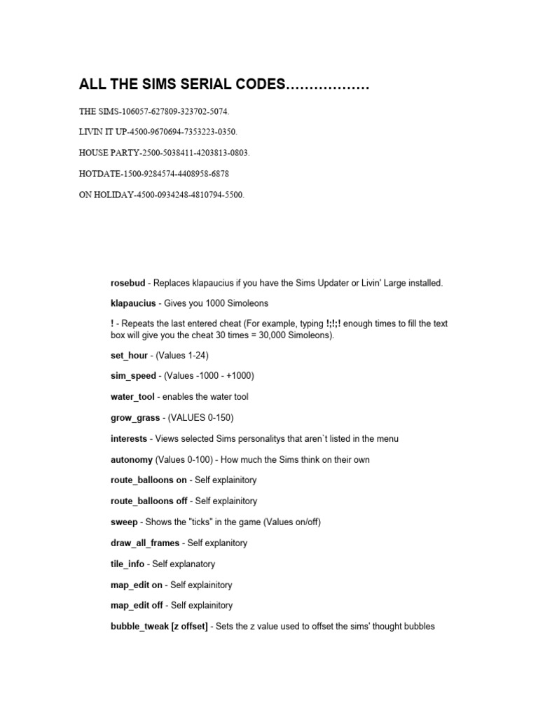 All The Sims Serial Codes PDF Free | PDF