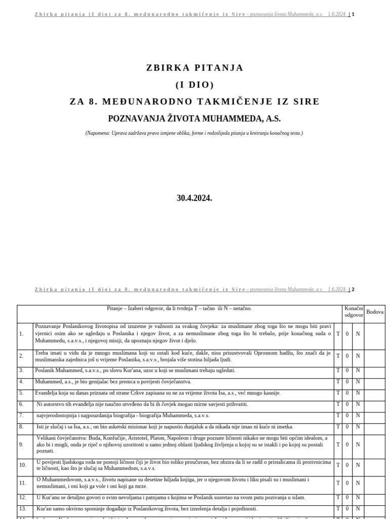 Zbirka Pitanja - I Dio - Za 8. Takmicenje Iz Sire | PDF