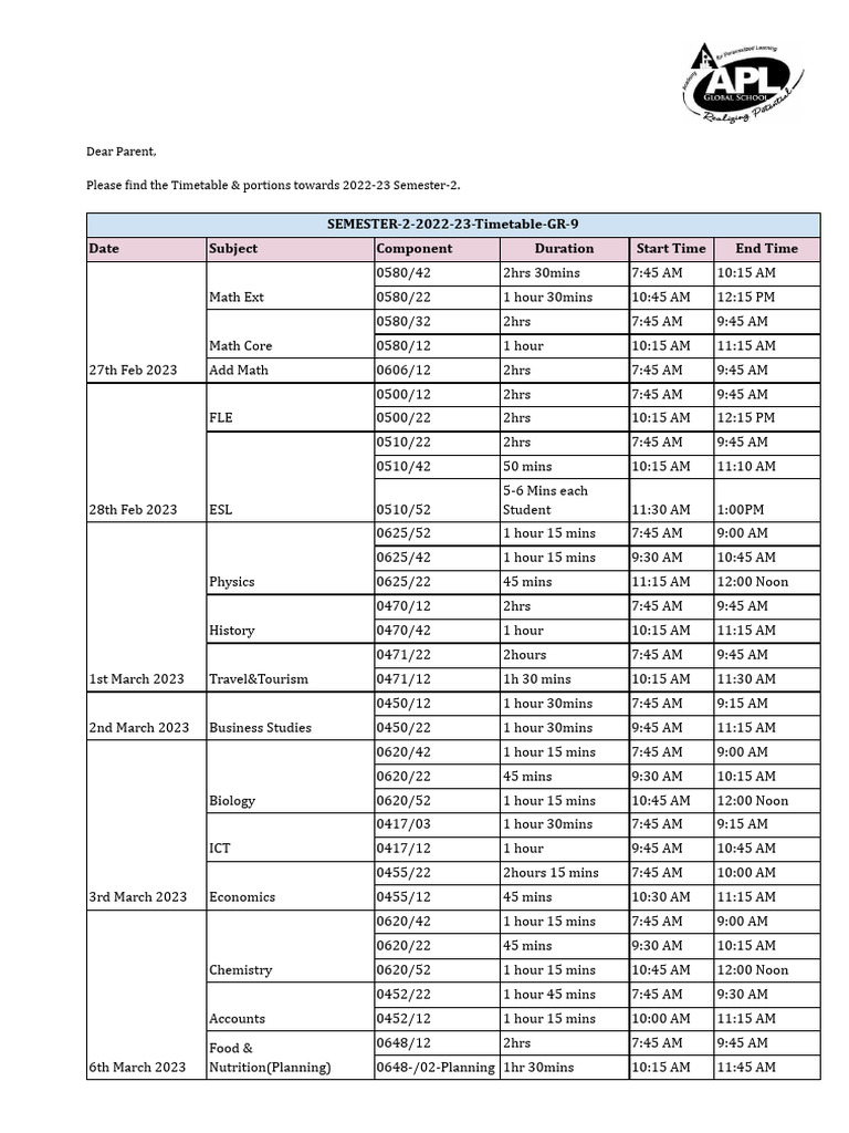 Grade 9 Semester 2 Timetable 2022-23 | PDF | Equations | Quadratic Equation