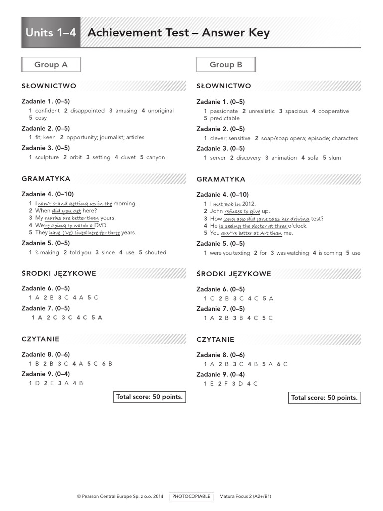 Achievement Test Units 1-4 - Answer Key | PDF