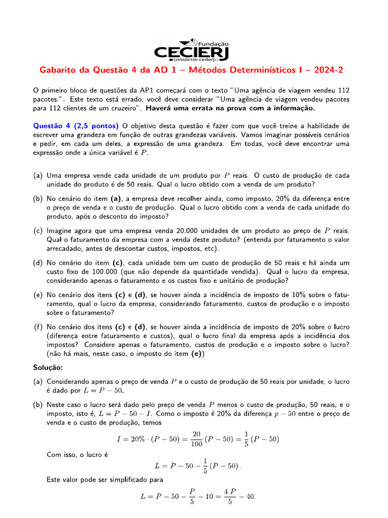 Questão 4 Da AD1 - GABARITO - 2024.2 | PDF