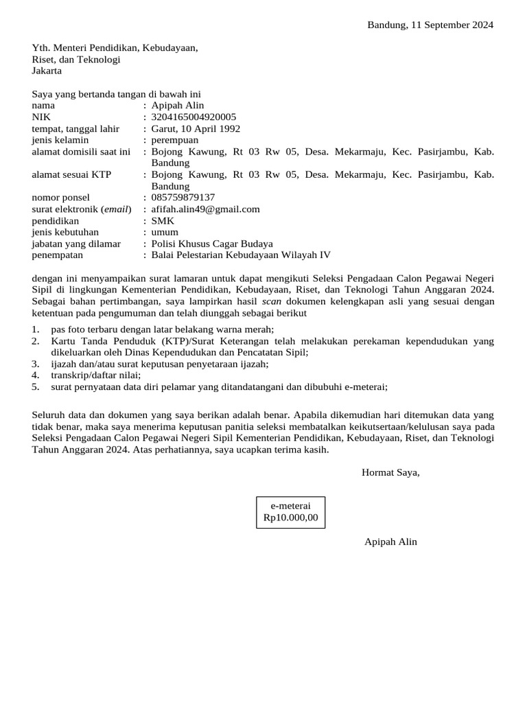 Surat Lamaran 2024 - Salin | PDF