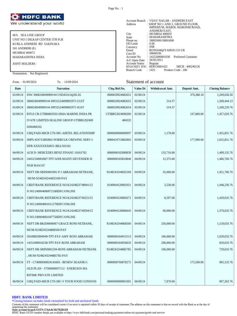 Statement of Account: Date Narration Chq./Ref - No. Value DT Withdrawal ...