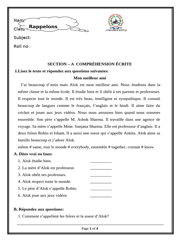 CLASS 7 French Sample Paper 24-25 | PDF