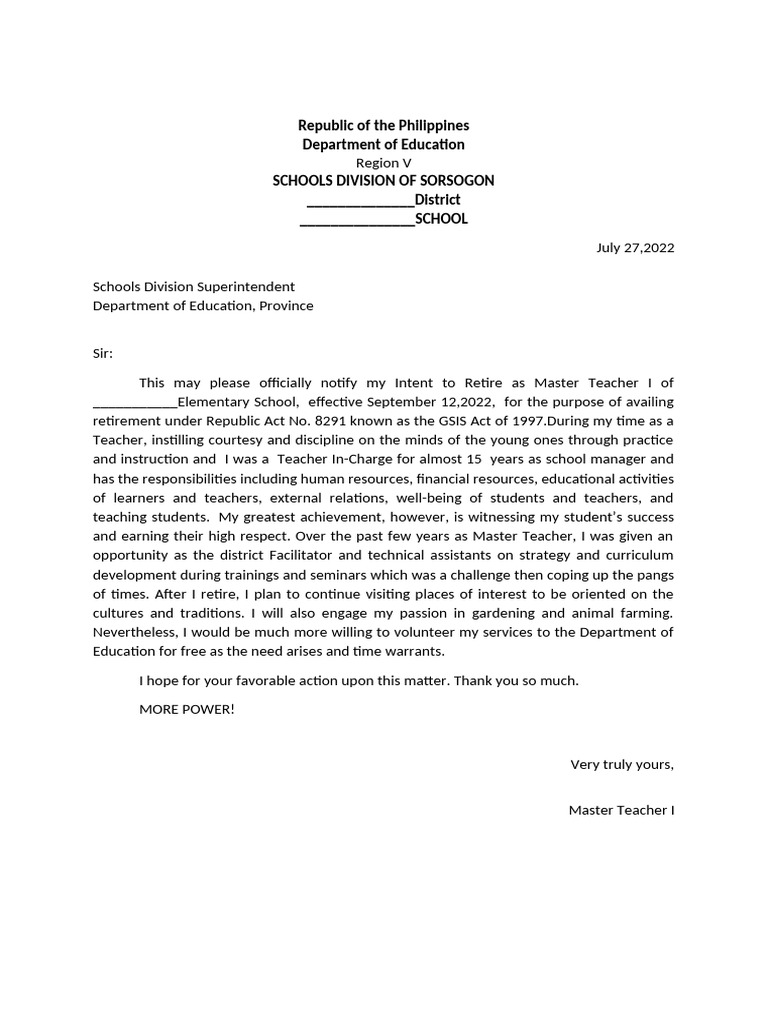 School Retirement Letter Samples